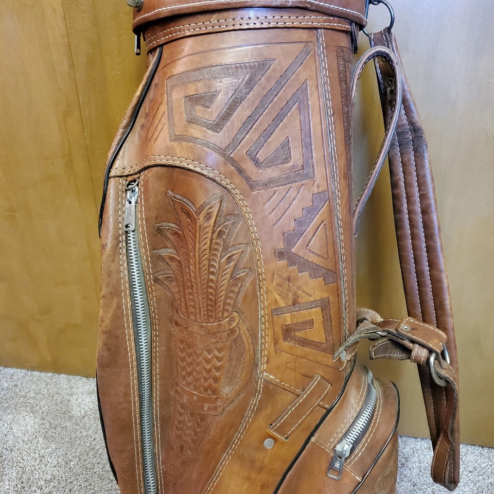 Vintage Mexican Leather Hand Tooled Mexico Golf Bag Aztec Zip Cover ...