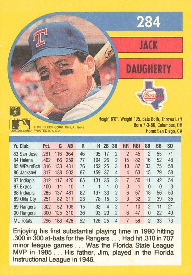 1991 Fleer #284 JACK DAUGHERTY Texas Rangers | eBay