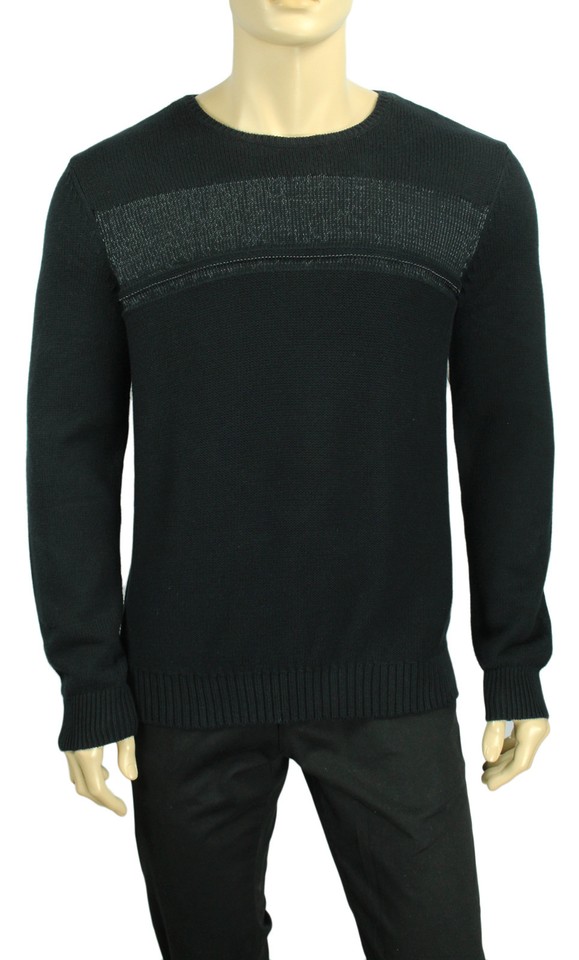 CALVIN KLEIN CREW NECK BLACK REFLECTIVE MARLED STRIPE PULLOVER SWEATER ...