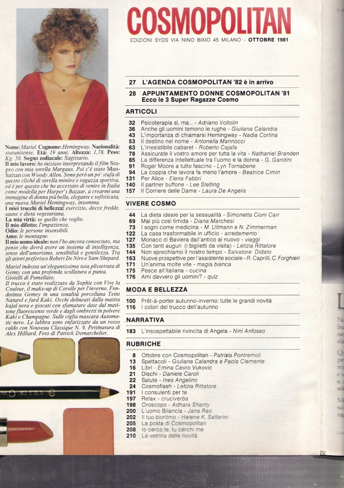 COSMOPOLITAN ITALIA 1981 MARIEL HEMINGWAY FARRAH FAWCETT BROOKE SHIELDS ...