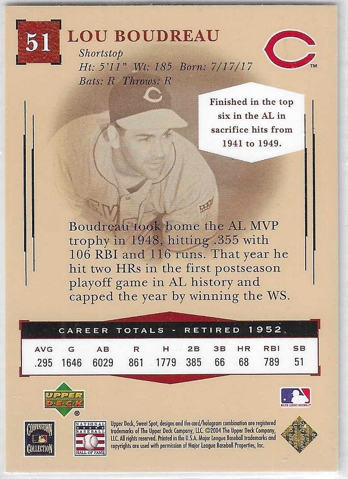 LOU BOUDREAU CLEVELAND INDIANS 2004 UPPER DECK SWEET SPOT BASEBALL CARD ...
