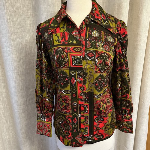 Vtg 70’s Stained Glass Women’s Button Up Bark Cloth Novelty Boho S ...