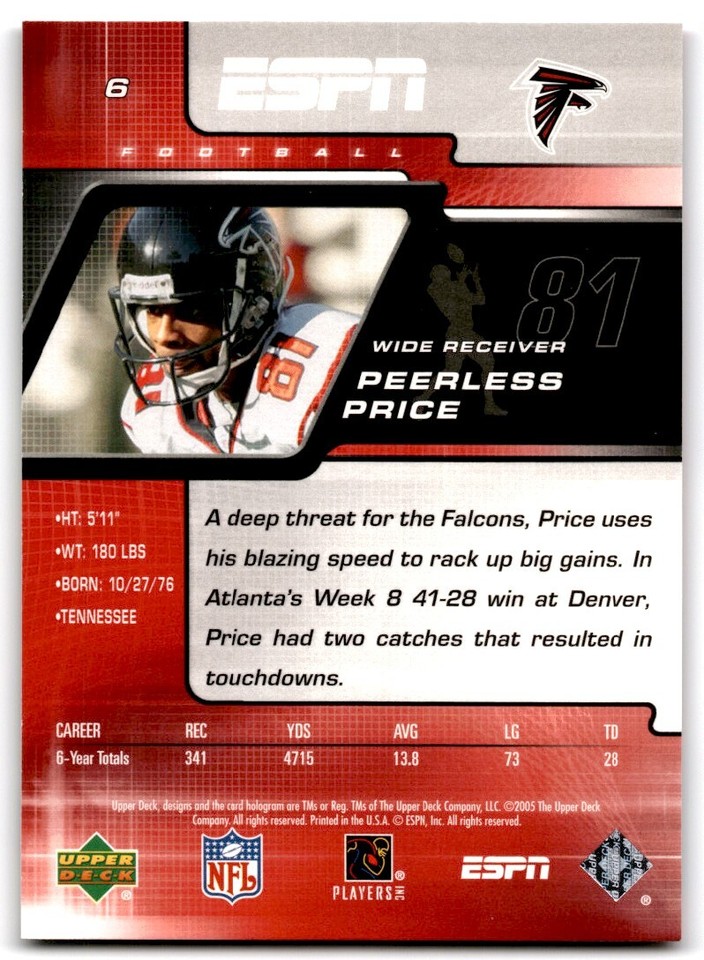 2005 Upper Deck ESPN Peerless Price Atlanta Falcons #6 | eBay