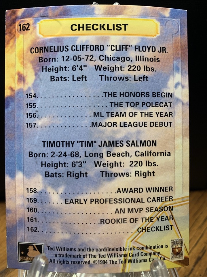 1994 Ted Williams #162 Dawning of a Legacy Checklist CL MLB Baseball ...