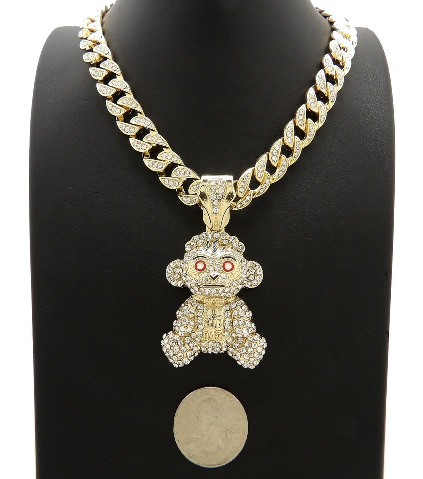 38 Baby Young Boy Monkey Pendant & 10mm 18" 20" 24" Iced Cuban Chain ...