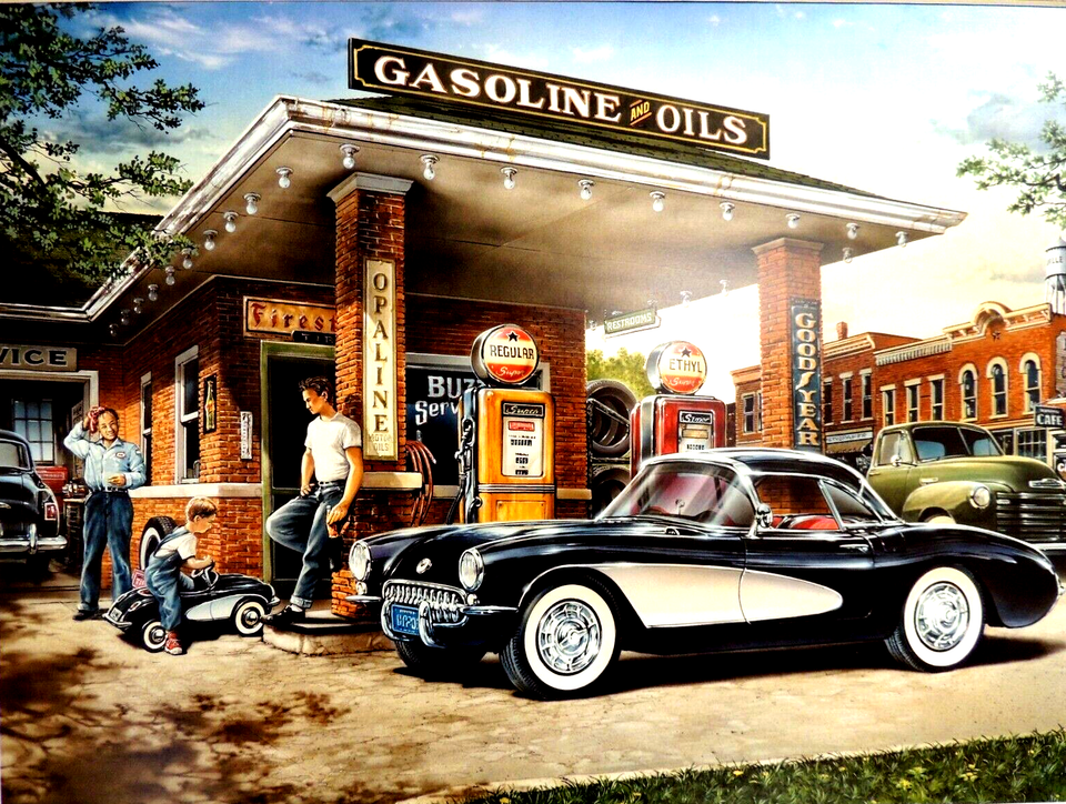CORVET PICTURE OLD CARS GAS STATION FULL SERVICE DAN HATALA MATTED ...