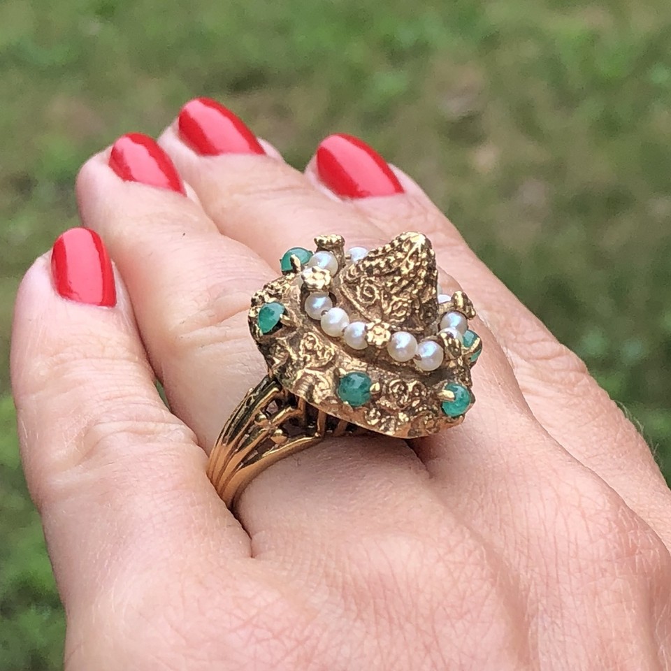 Etruscan Revival 14K Yellow Gold Seed Pearl Emerald Cab Thai Princess ...