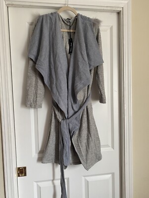 New Doe & Rae Small Grey Gray Robe Cardigan Robe Blue Lapel Fur Hood ...