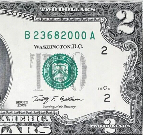 TRAILING YEAR 2000 (B 2368 2000 A) $2 Two Dollar Bill Serial Number ...