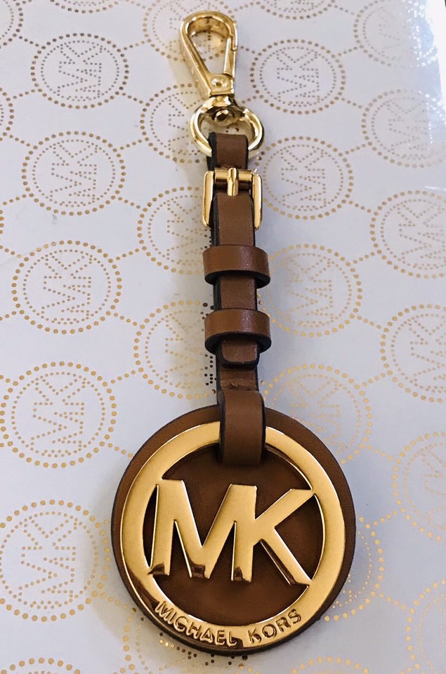 MICHAEL KORS GOLD MK LOGO CHARM / ACORN BROWN GENUINE LEATHER STRAP ...