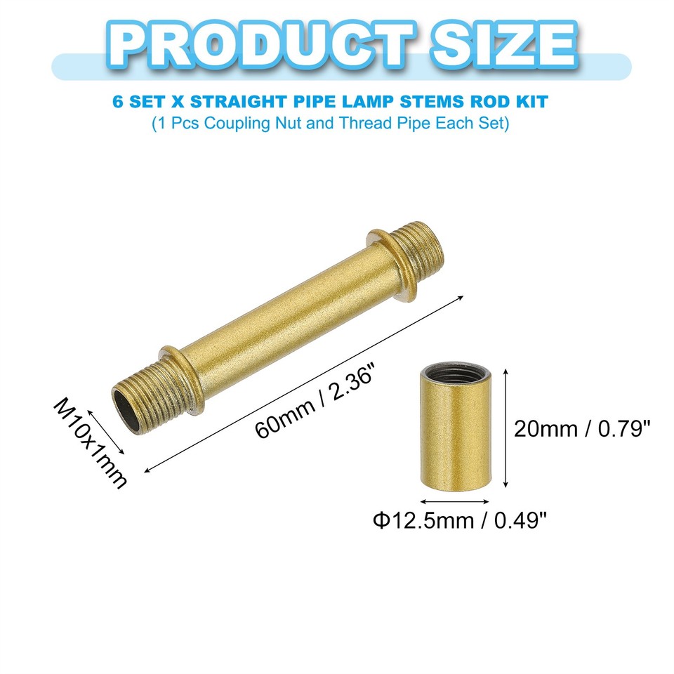Straight Pipe Lamp Stems Rod Kit, M10 60mm l Rod with Nut, Gold Tone 6 ...