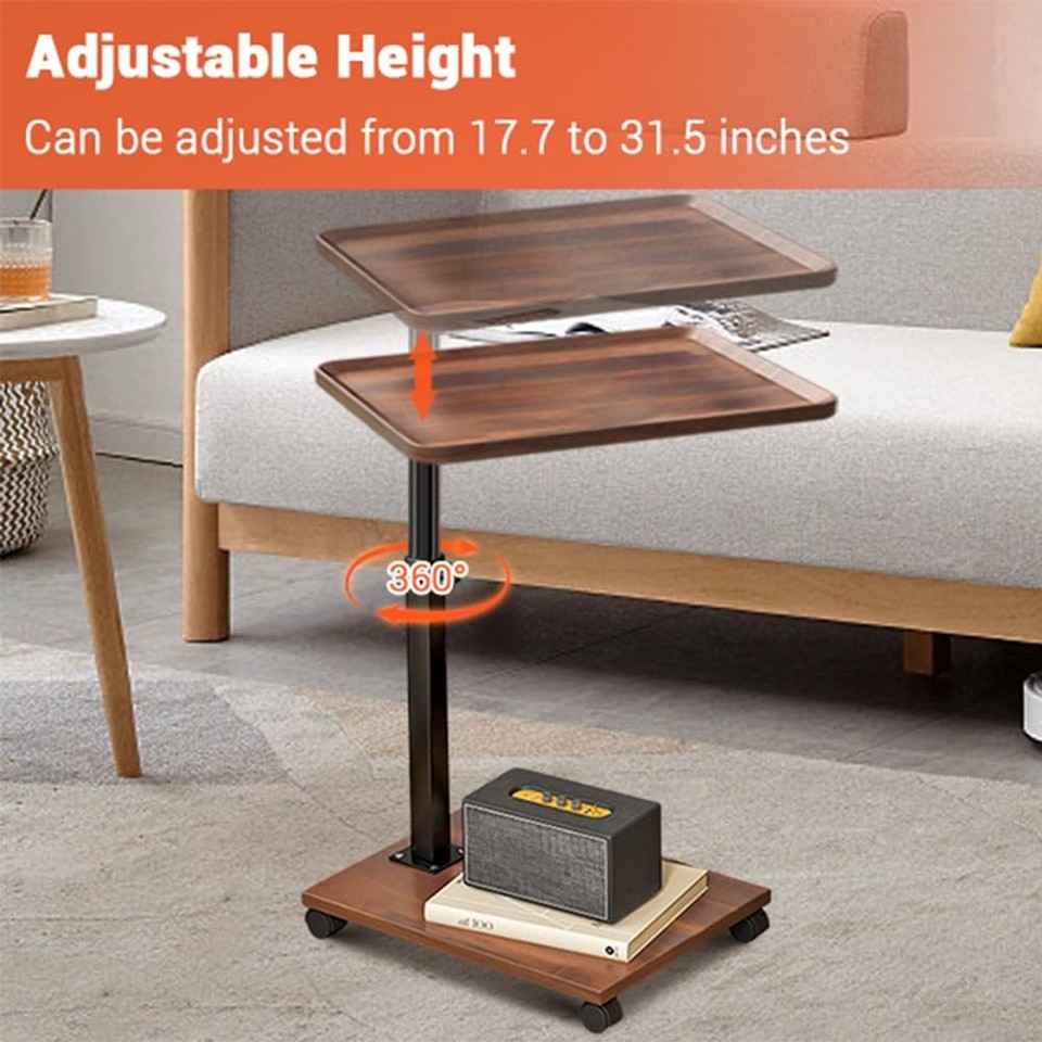 C Shape end Table Adjustable Height Side Table with Wheels Sofa Table ...