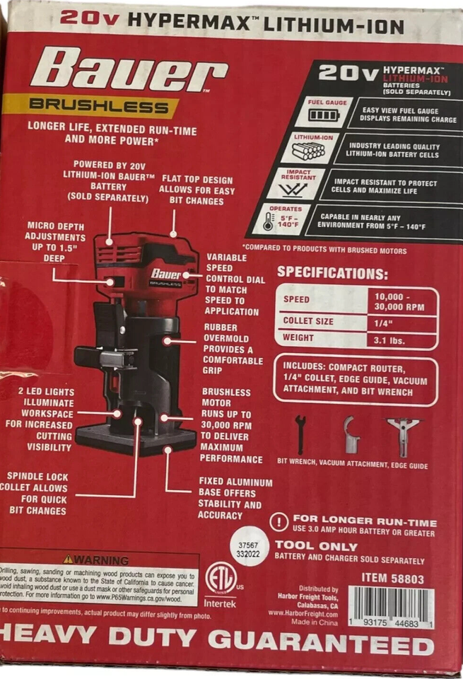New Bauer 58803 21121CR-B 20v Brushless Cordles Compact Router - Tool ...