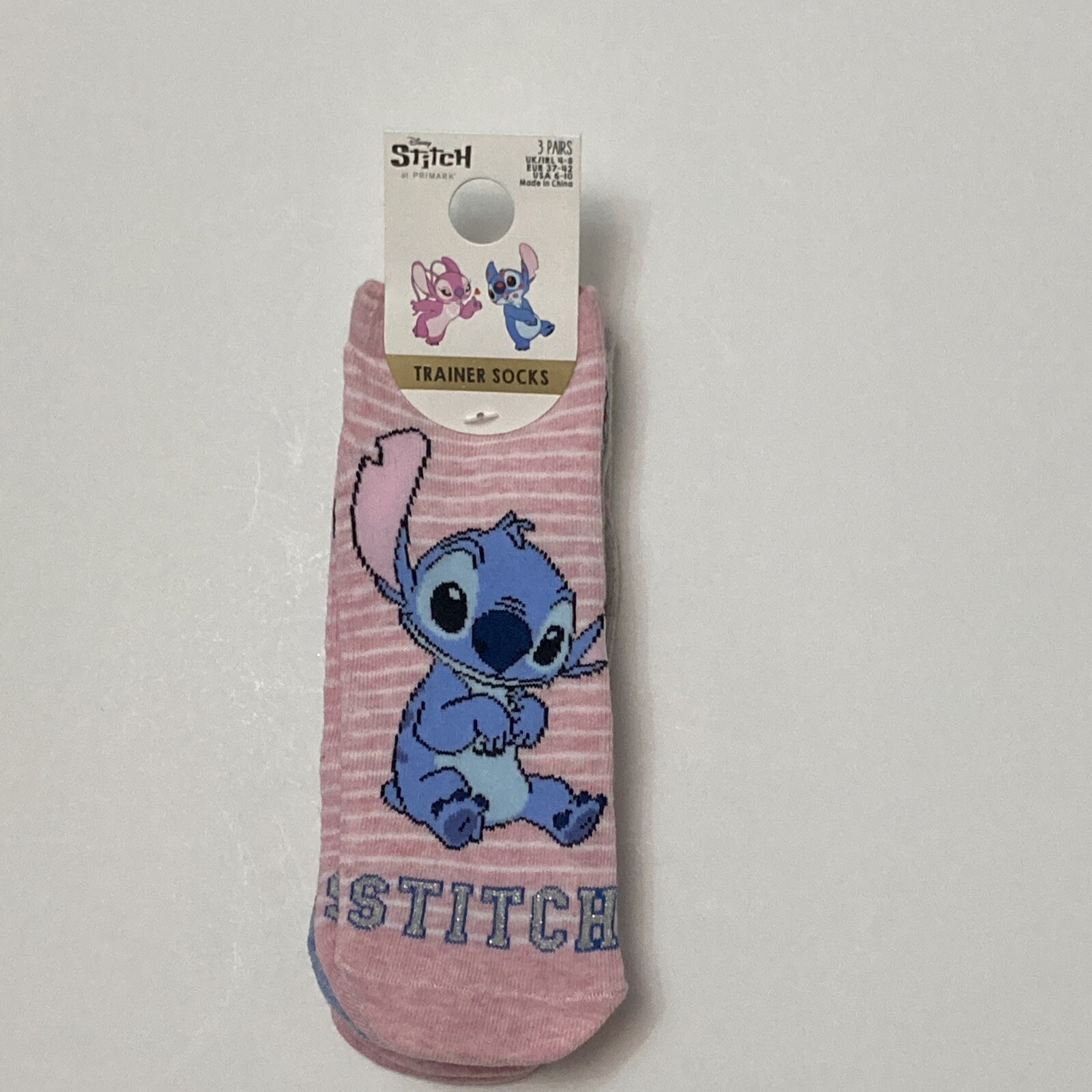 Primark Stitch Angel Socks Set Disney US 6-10 Stripe 3 Pack Pink Blue ...