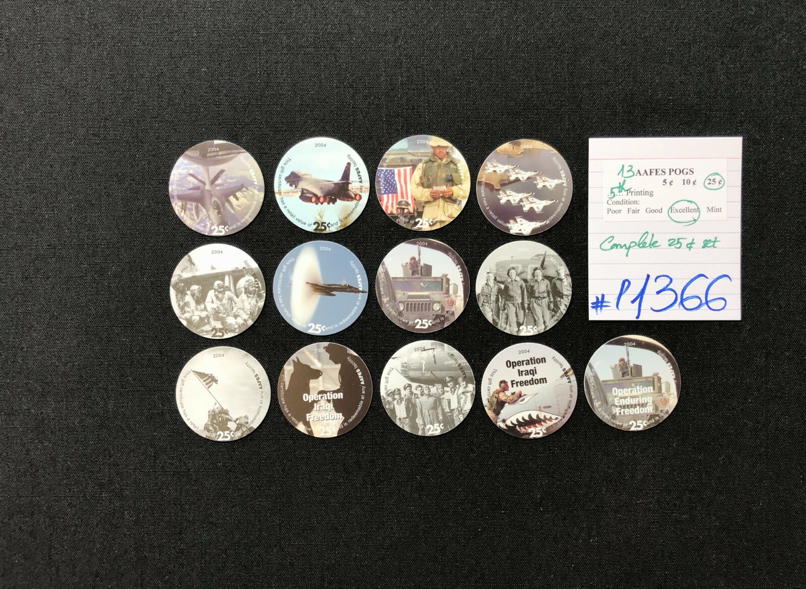AAFES POGS, 5th Printing,13 POGS, 25c COMPLETE set, #P1365 or #P1366 ...