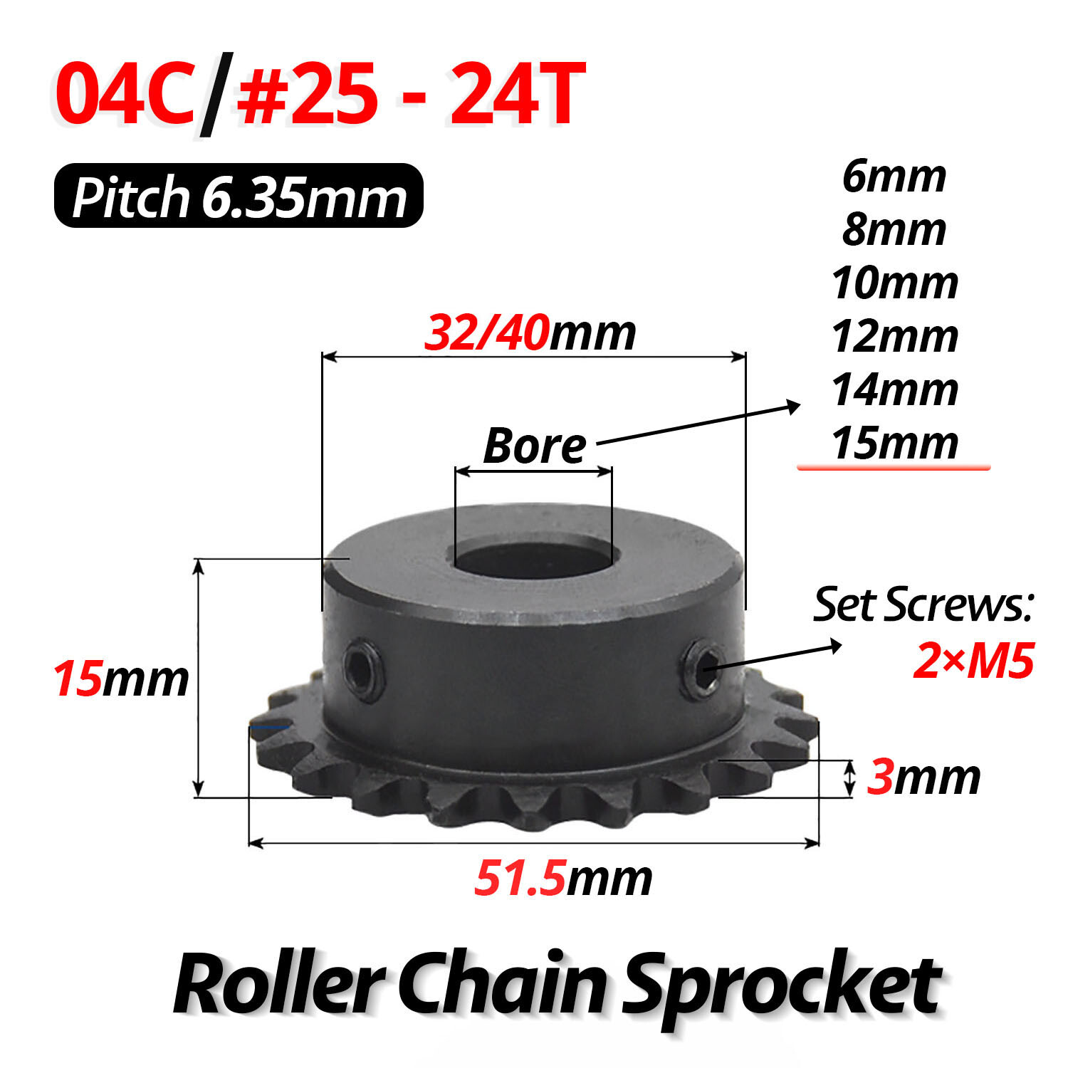 #25 Roller Chain Sprocket 04C 9T-40T Tooth Bore 5mm-20mm Pitch 6.35mm ...