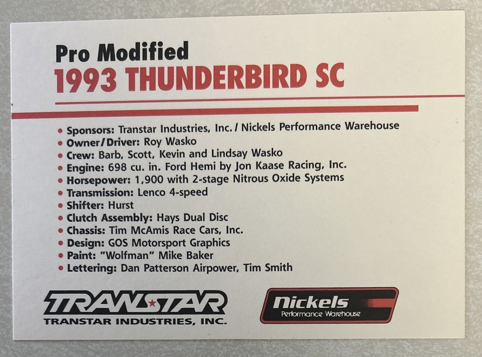 Roy Wasko Transtar 1993 Thunderbird SC Pro Modified Racing 4x6" Photo ...