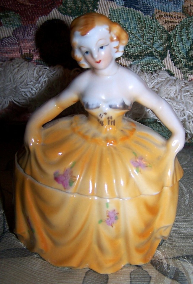 VINTAGE PORCELAIN LADY POWDER TRINKET BOX 5" TALL 3 1/2" WIDE X 3" DEEP ...