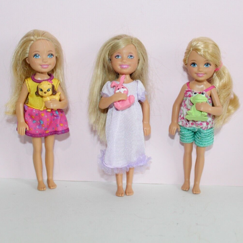 3 Kelly Dolls with Pets Bunny Frog Puppy Barbie sister Blonde Hair Blue ...