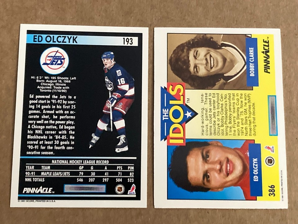 2 🏒 BOBBY CLARKE ED OLCZYK - flyers jets 🏒 1991-92 Pinnacle #193 + #386 ...