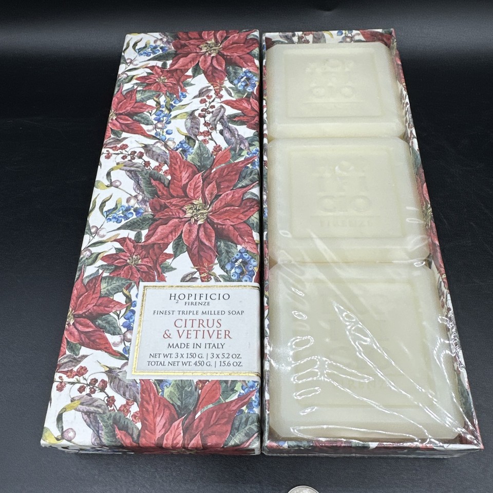 HOPIFICIO Firenze Citrus & Vetiver Box of 3 Triple Milled Soaps 3 x 5.2 ...