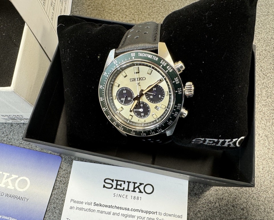 Seiko Prospex Speedtimer Solar Leather Band Cream Dial Watch SSC943 NWT ...