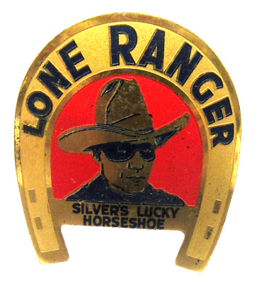 1938 LONE RANGER SILVER'S LUCKY HORSESHOE brass pinback badge radio ...