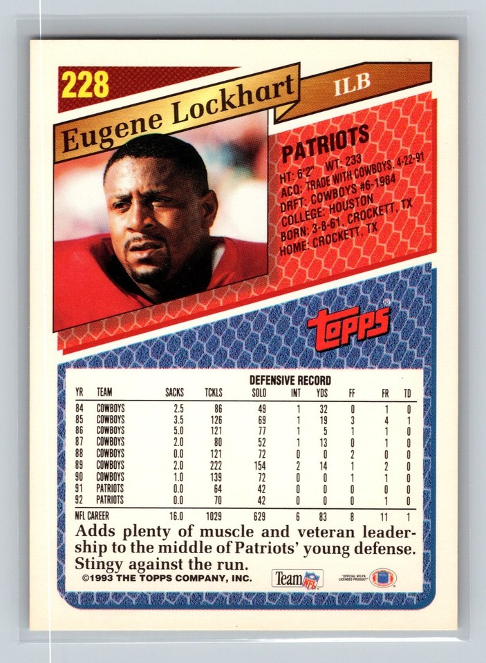 Eugene Lockhart 1993 Topps GOLD #228 Football Card NFL New England ...