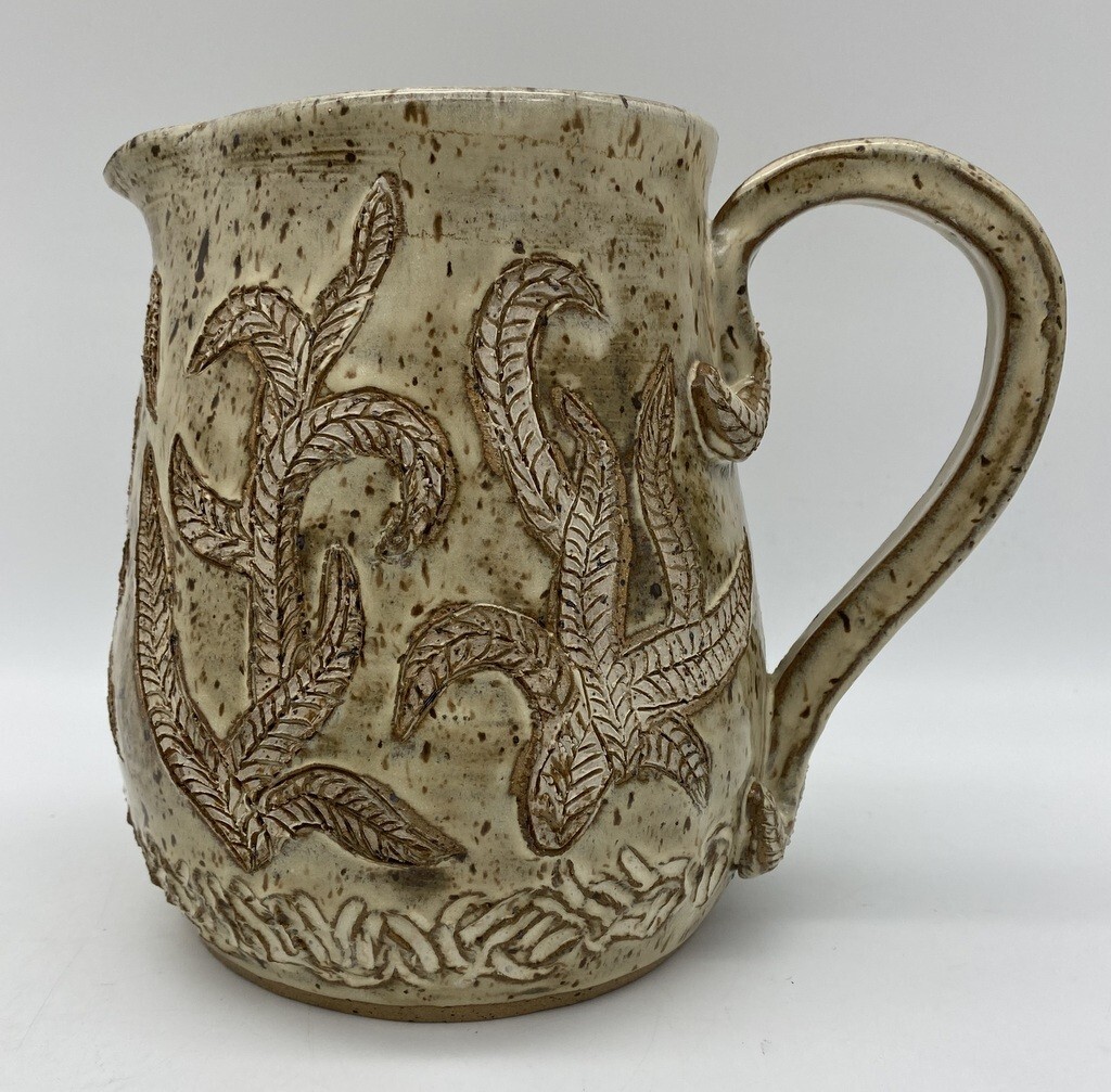 Hand Made Studio Pottery Pitcher Carved Ferns Potters Mark 7 inches ...