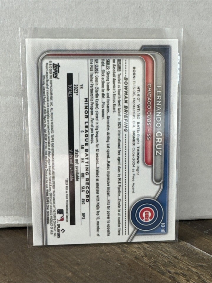 Fernando Cruz 2024 Bowman Chrome Gold Refractor 1st 15/50 Chicago Cubs ...