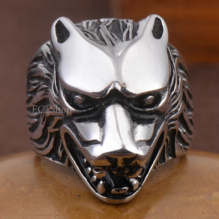 Men's Biker Grinning Werewolf Ring Wolf Head Silver 316L Stainless ...