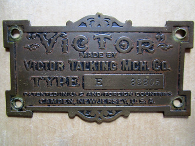 Victor Type E Talking Machine Phonograph ID PLATE for External Horn ...