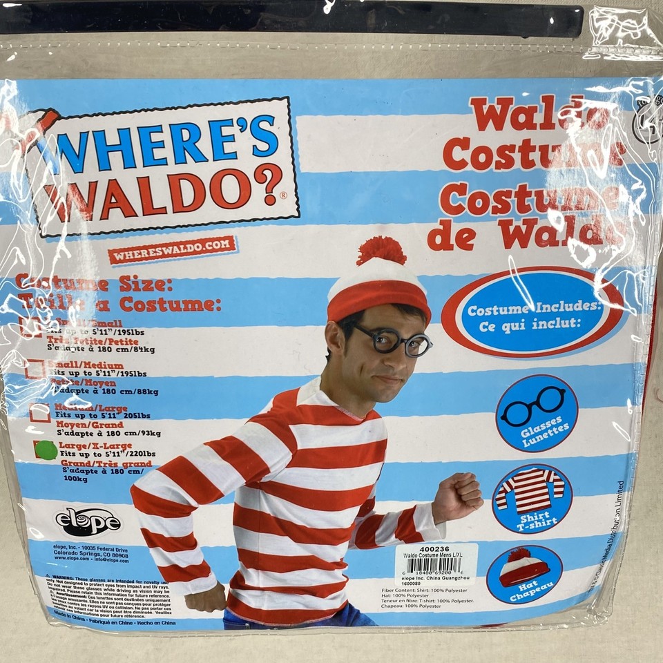 Where's Waldo Shirt Hat Glasses Costume Adult L XL Elope Halloween ...