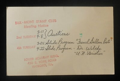 1980 Bux-Mont Stamp Club Meeting Notice Bookhart Loller Academy Bldg ...