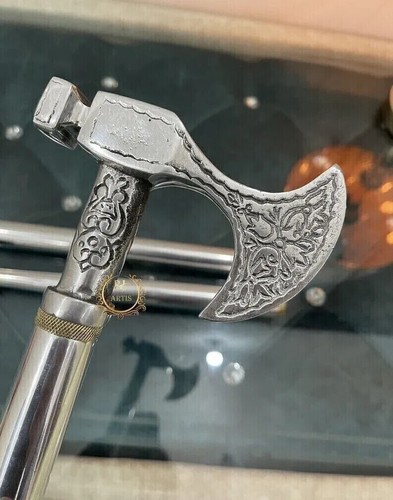 Vintage Axe Head chrome full steel Cane Walking Stick Brass Handle ...
