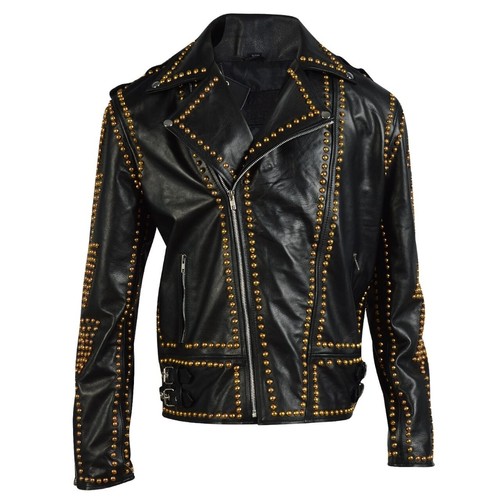 New Philip Plein Golden Studded Black Leather Jacket with Skull/ Luxury ...