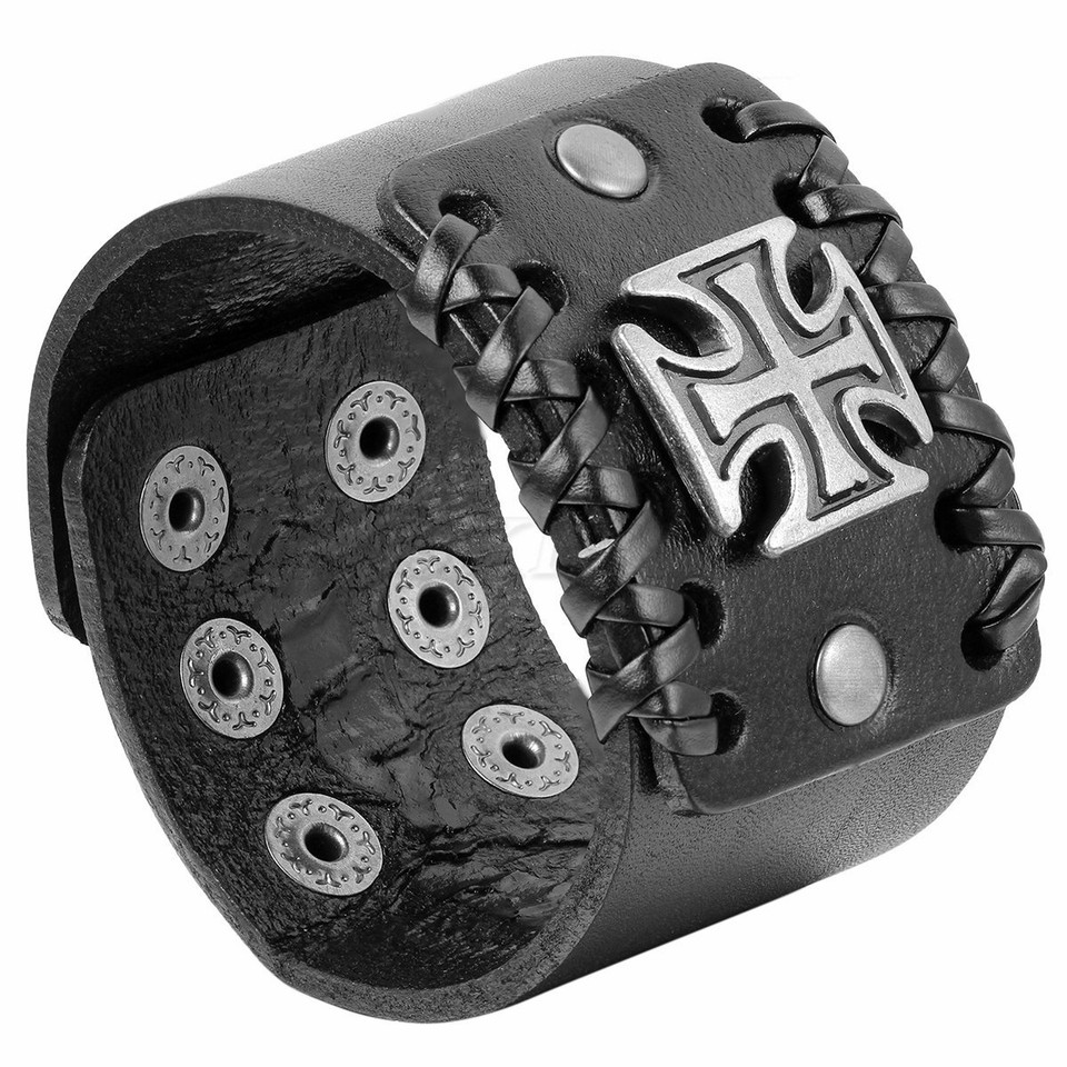 Men's Retro Punk Rock Wide Leather Strap Bracelet Adjustable Cross Cuff ...