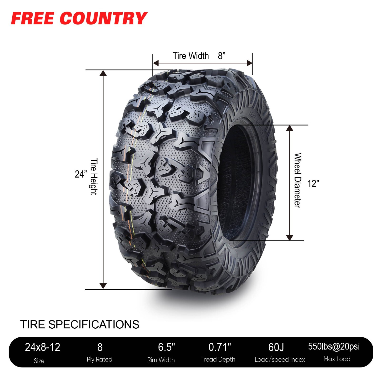 Set 2 FREE COUNTRY Premium ATV/UTV Tires 24x8-12 24x8x12 8PR w/Scuff ...