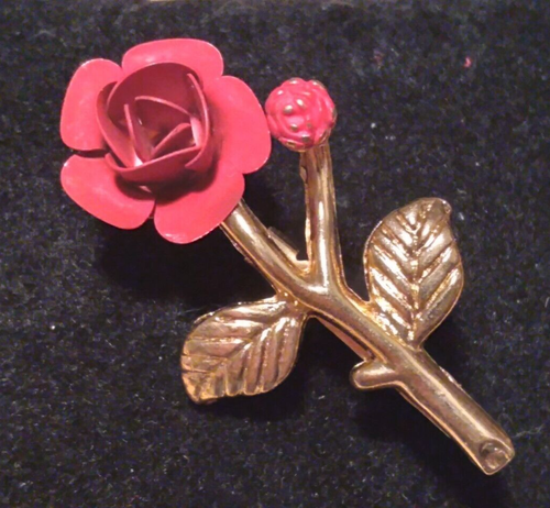 Small Gold Tone and Red Rose Brooch Pin Velvet Look Petals | eBay