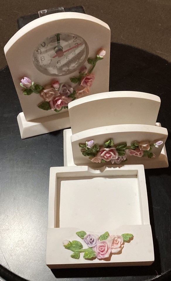 Pink Roses White Ceramic Desk Set With Clock Post it Notes Letter ...
