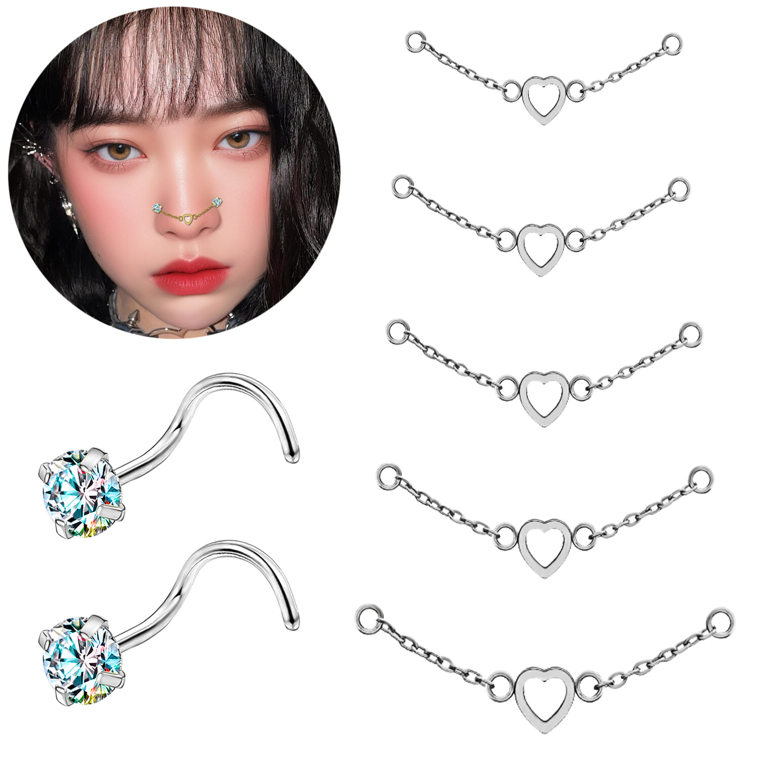 7Pcs/Set Surgical Steel Across Nostril Piercing CZ Nose Stud Nose Chain ...