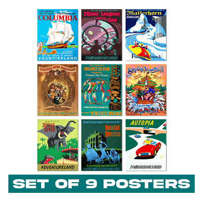 Vintage Disney Art Set Of 9 Posters - Disney Ride Reproduction Posters ...
