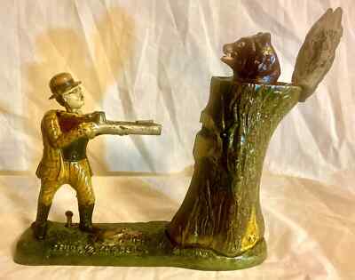 Original Teddy and The Bear- J&E Stevens Cast Iron Mechanical Coin Bank ...