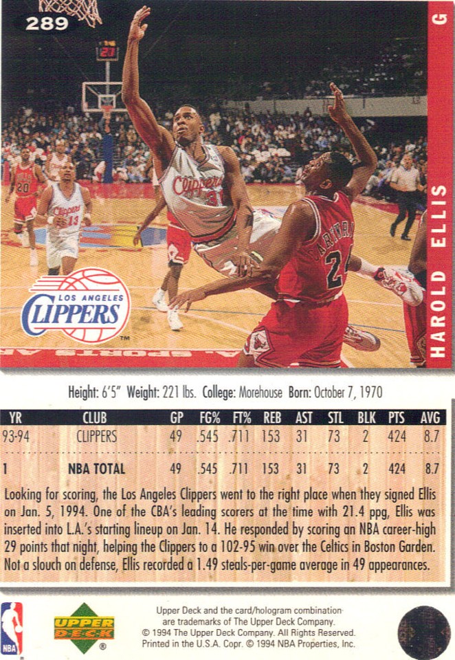 1994-1995 Upper Deck Collector's Choice Card Harold Ellis #289 LA ...