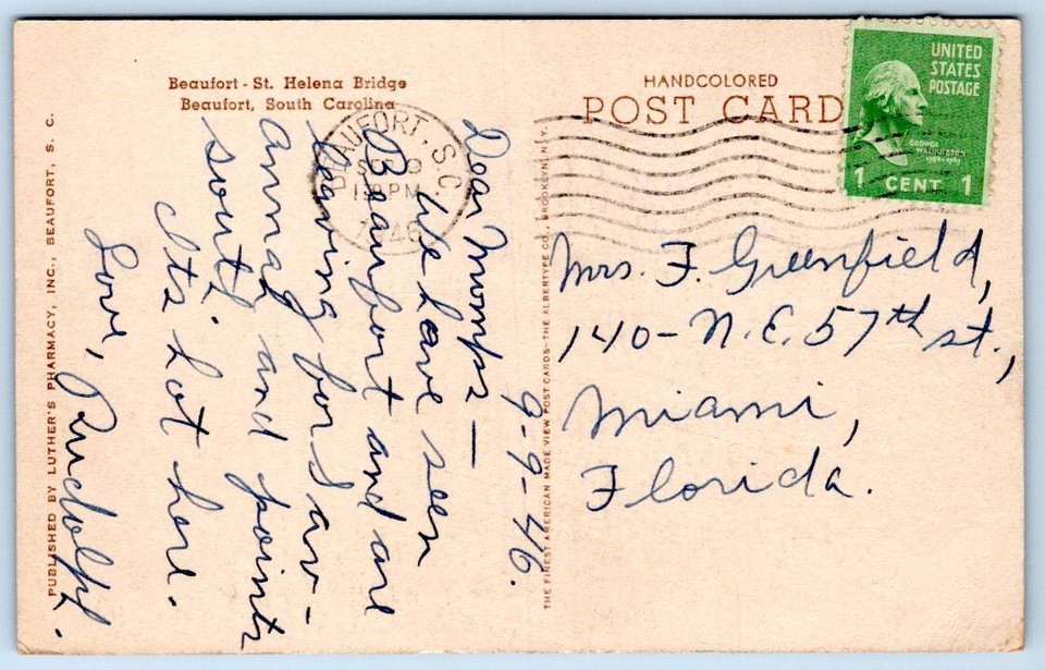 1946 ST HELENA BRIDGE POSTCARD BEAUFORT SC HAND COLORED ALBERTYPE ...