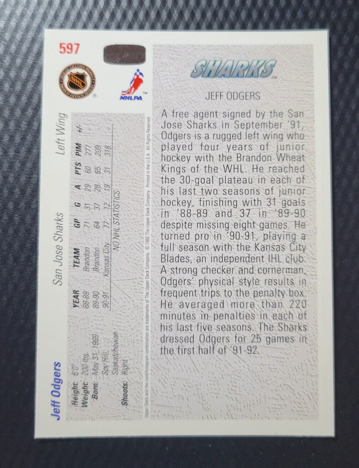 1991-92 Upper Deck JEFF ODGERS San Jose Sharks NHL ROOKIE YOUNG GUNS ...