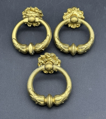 Set of 3 Heavy Ornate Brass Drawer Pull Rings, with Mounting Plate ...