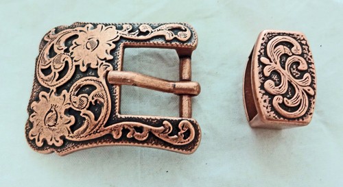 Copper Floral Buckle Keeper Loop Set Engraved Antiqued Horse Tack Belt ...