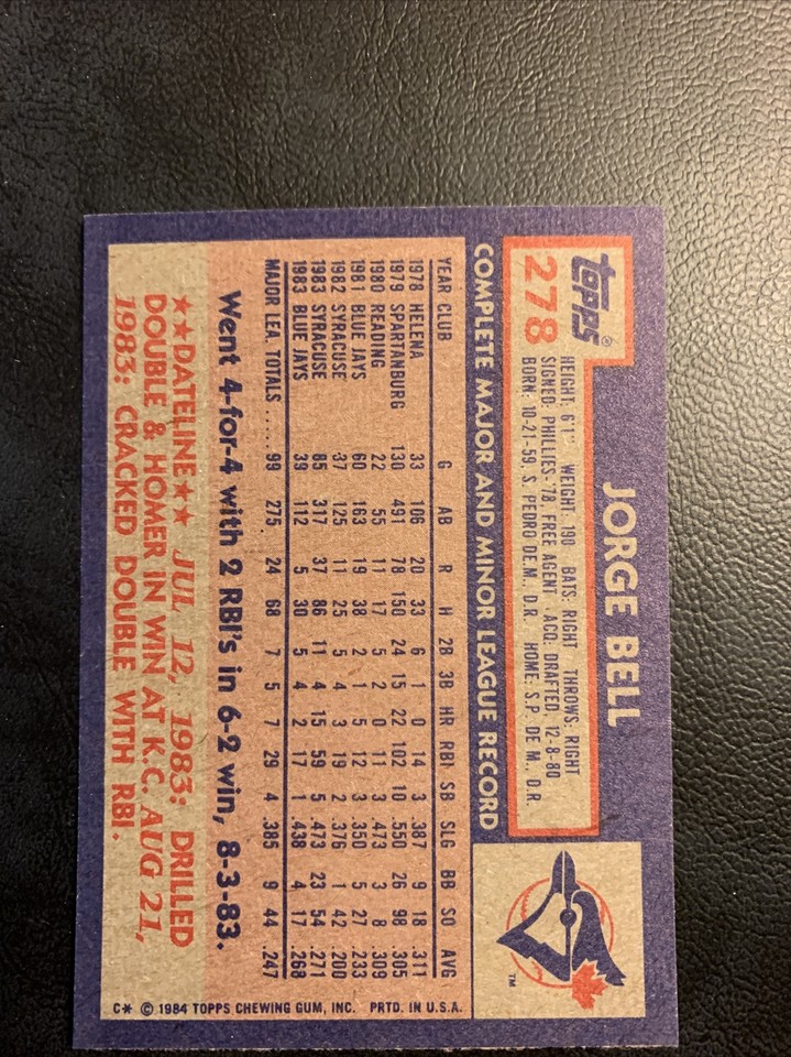 #278 Jorge George Bell Toronto Blue Jays 1984 Topps Cb16 | eBay