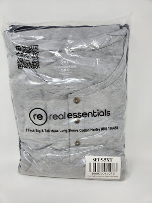 Real Essentials 3 Pack: Men's Cotton Long Sleeve Henley T-Shirt Size ...